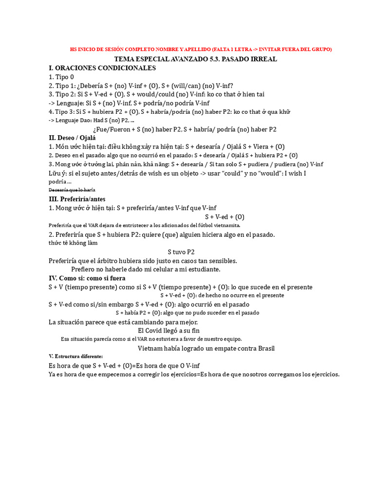 Tema Especial Avanzado 5.3. Pasado Irreal I. Oraciones Condicionales | PDF