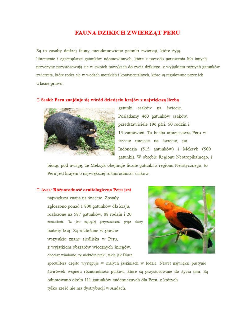 Fauna Dzikich Zwierząt W Peru | PDF