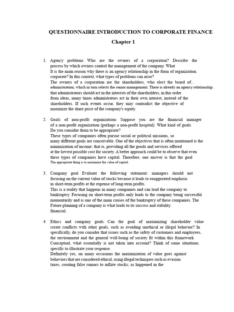Questionnaire Introduction To Corporate Finance | PDF | Stocks ...