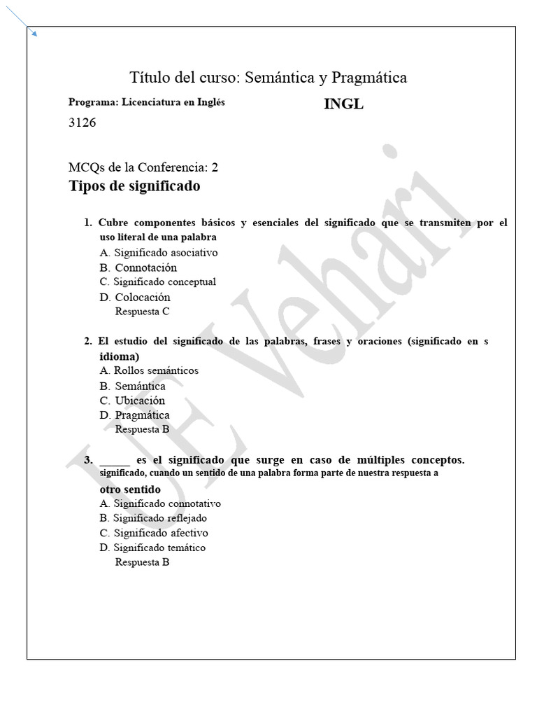 MCQs Semántica y Pragmática (Compilado) | PDF | Ambigüedad | Comunicación