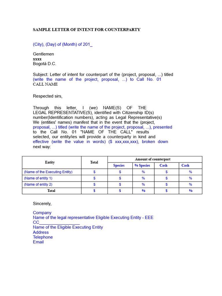 Example Letter of Intent For Counterparty | PDF