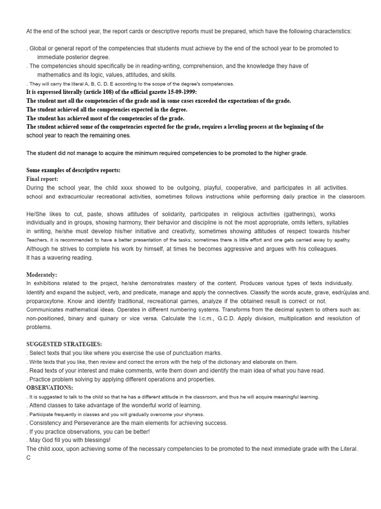 At The End of The School Year, Report Cards or Descriptive Reports Must ...