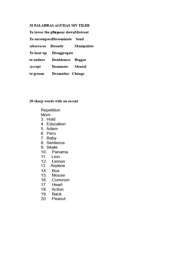 20 Sharp Words Without Accents | PDF | Grandparent | Linguistics