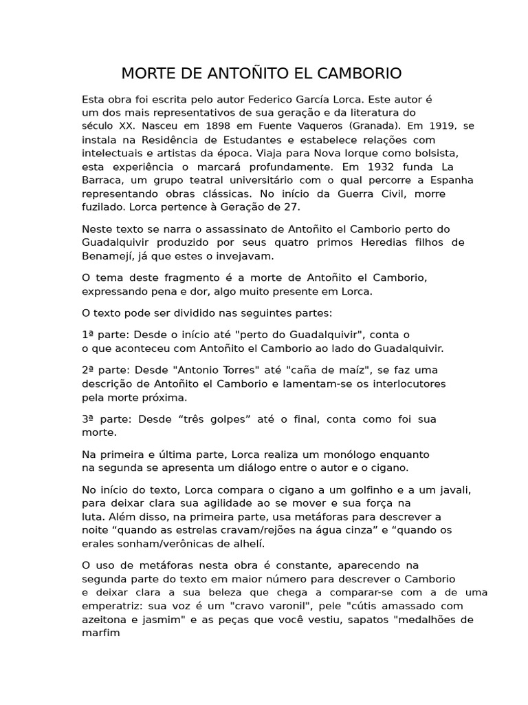 Morte de Antoñito El Camborio | PDF | Federico García Lorca