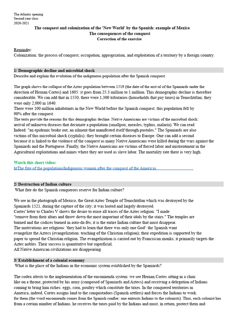 Correction Exercise On The Consequences of The Conquest | PDF | Spanish ...