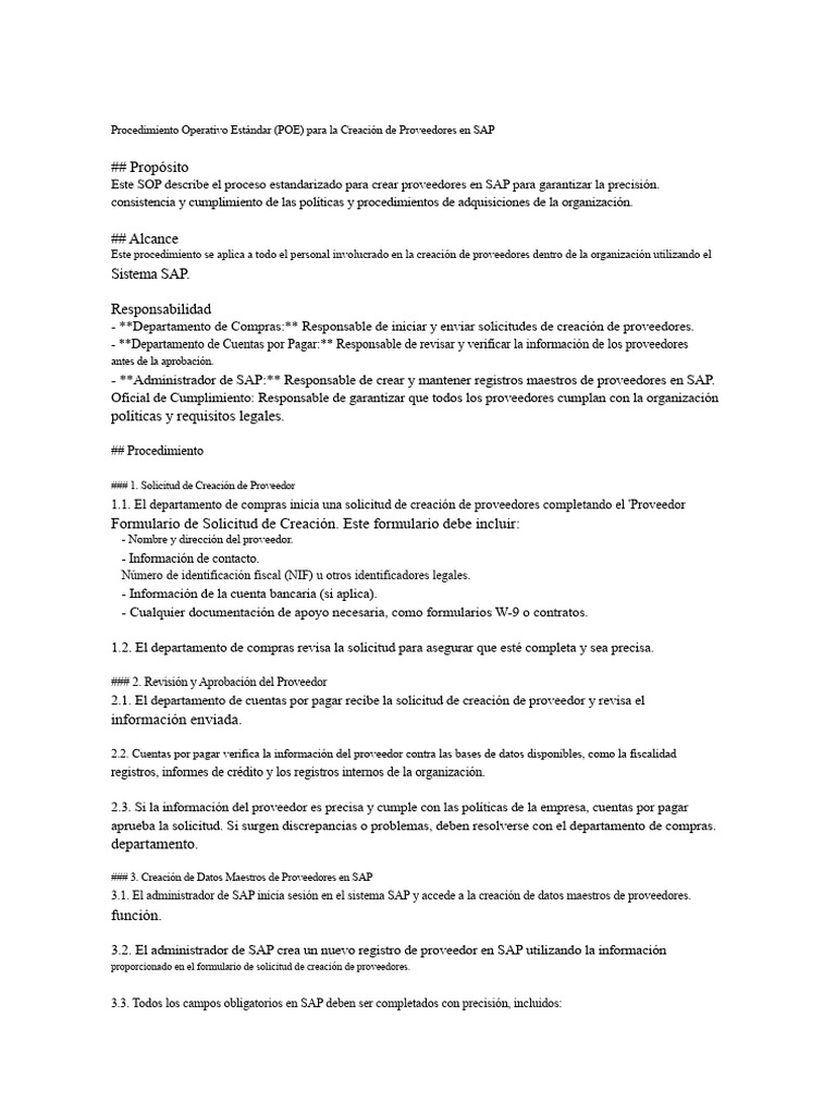 Procedimiento Operativo Estándar (POE) para La Creación de Proveedores ...