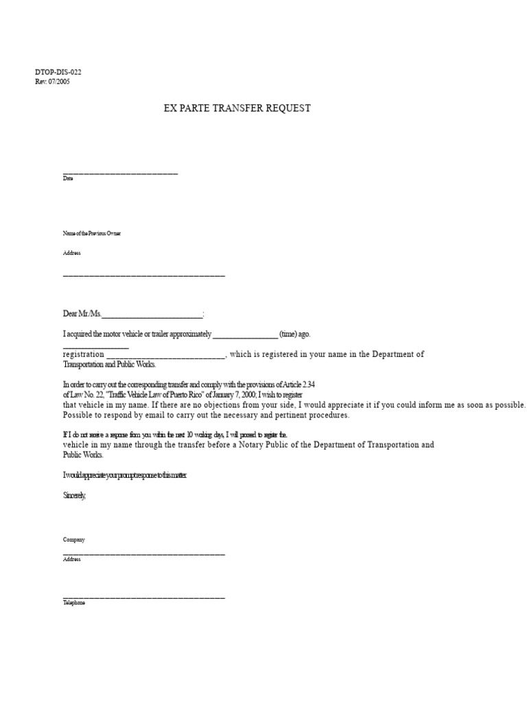 DTOP-DIS-022 Ex Parte Transfer | PDF