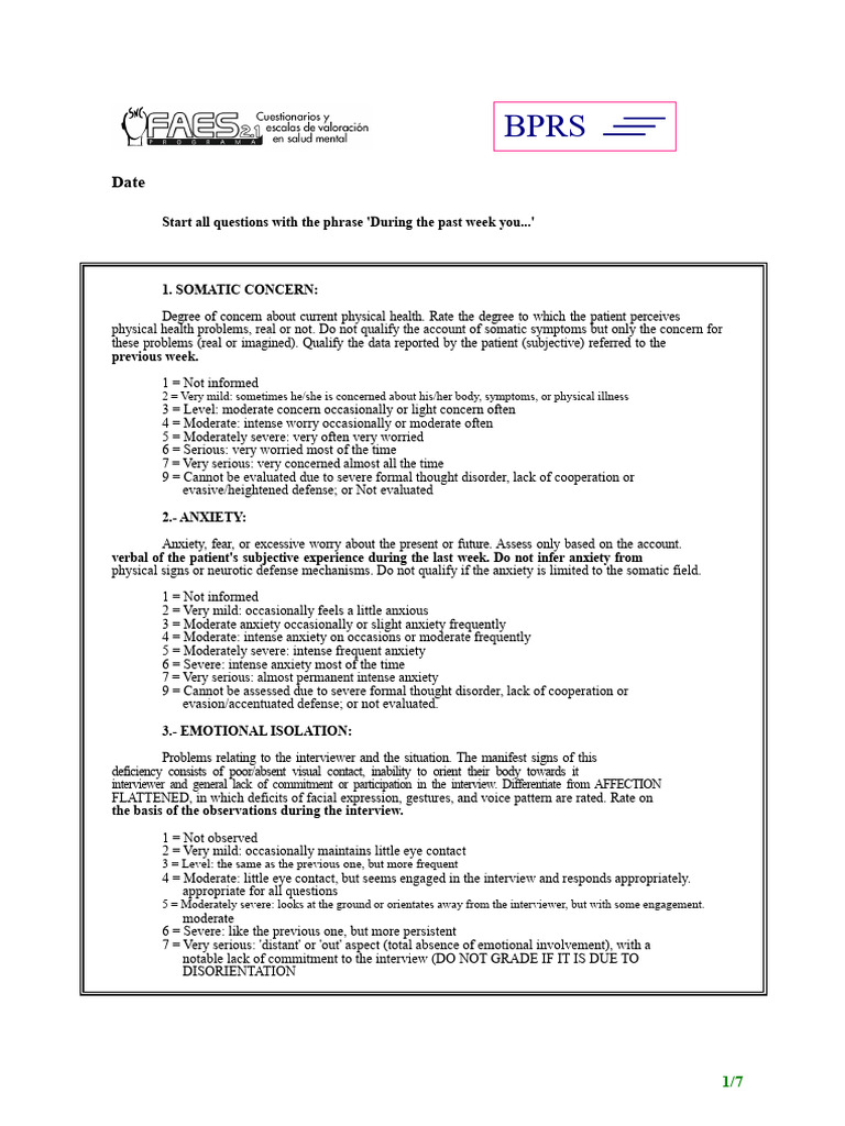 MEDICINE - Test-BPRS - Brief Psychiatric Rating Scale | PDF ...