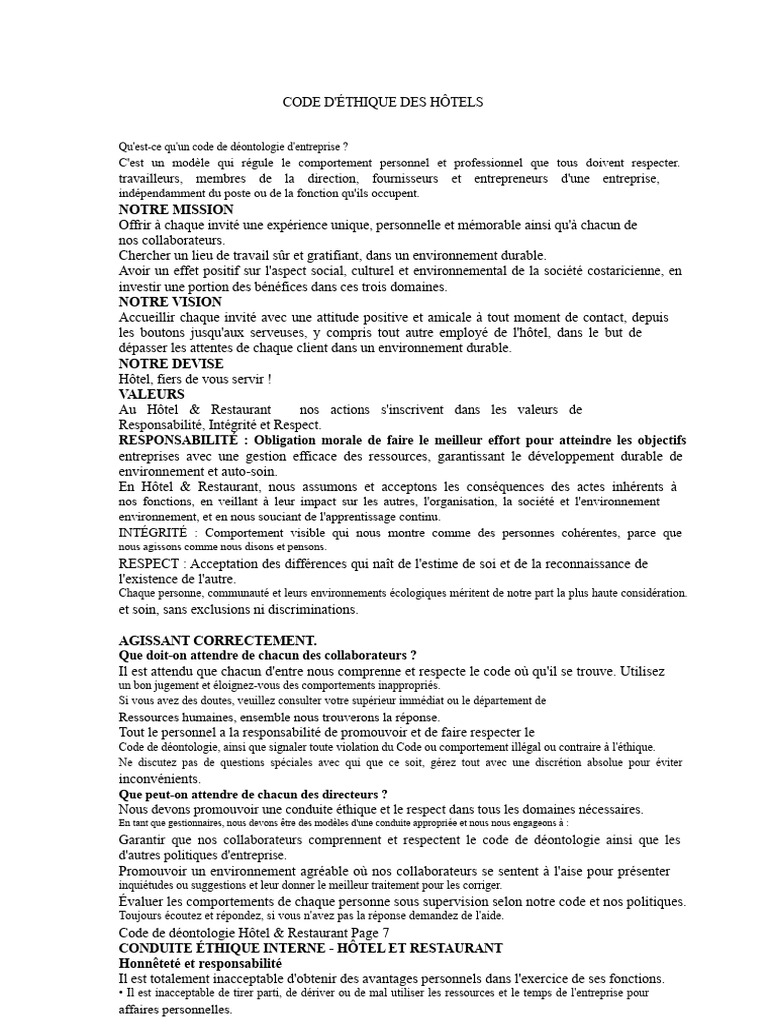 Code d'Éthique pour Hôtels et Restaurants | PDF | Harcèlement ...