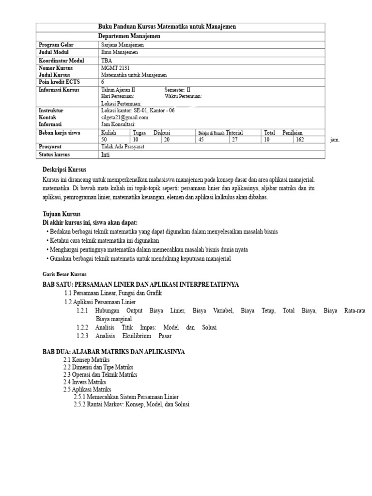 Buku Panduan Kursus Matematika Untuk Manajemen | PDF