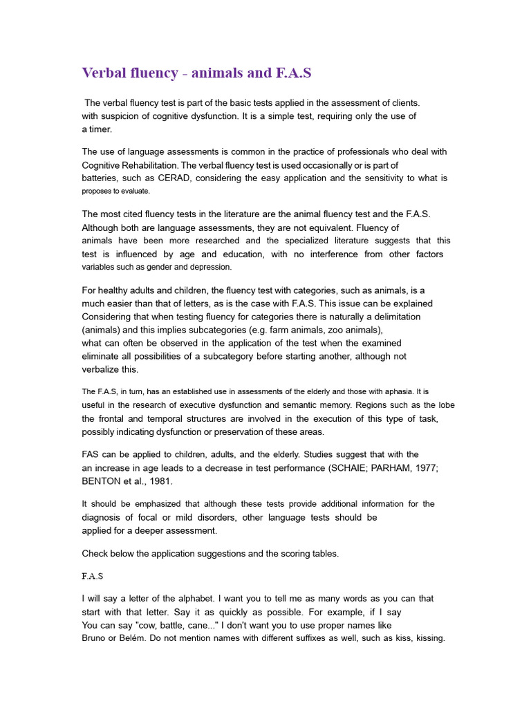 Verbal Fluency Tests: Animals and F.A.S. | PDF | Sensitivity And ...