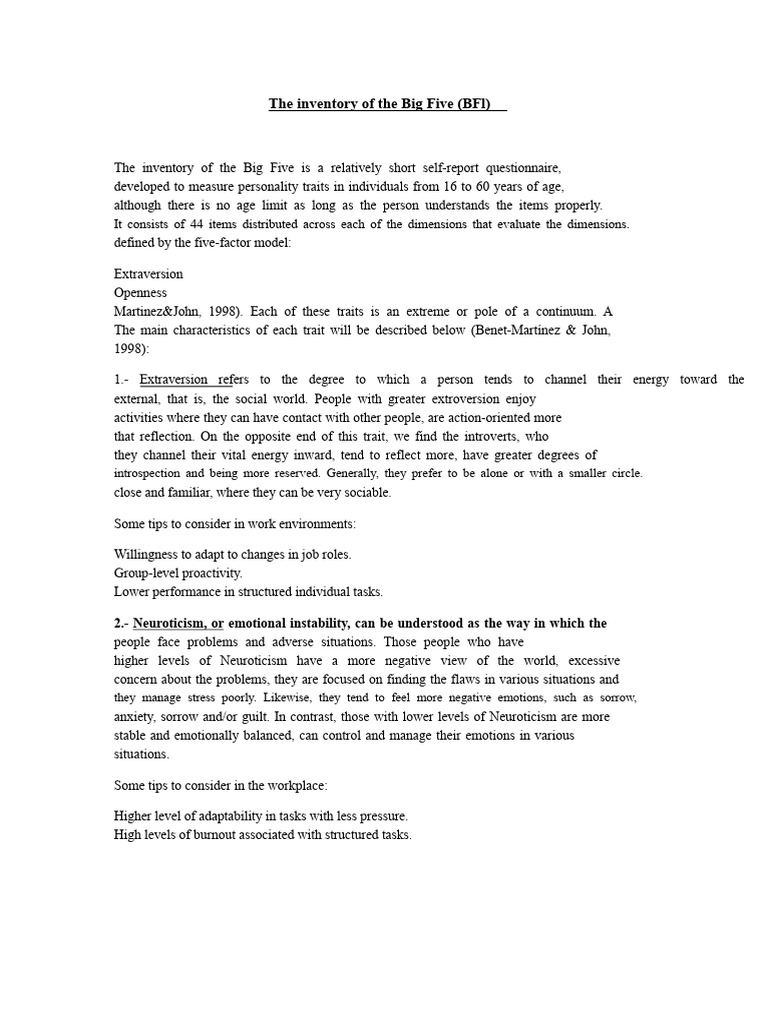 Big Five Personality Traits Inventory | PDF | Extraversion And ...