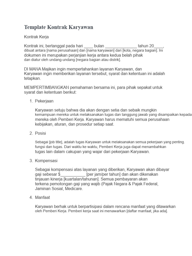 Template Kontrak Kerja Karyawan | PDF