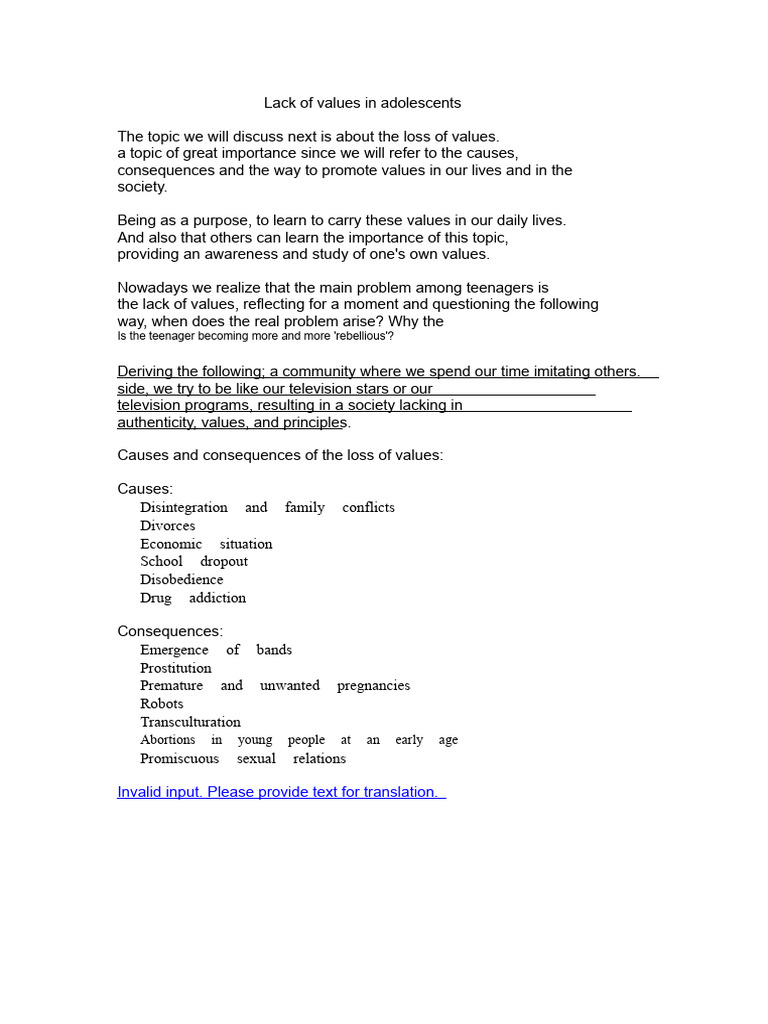 Lack of Values in Adolescents | PDF