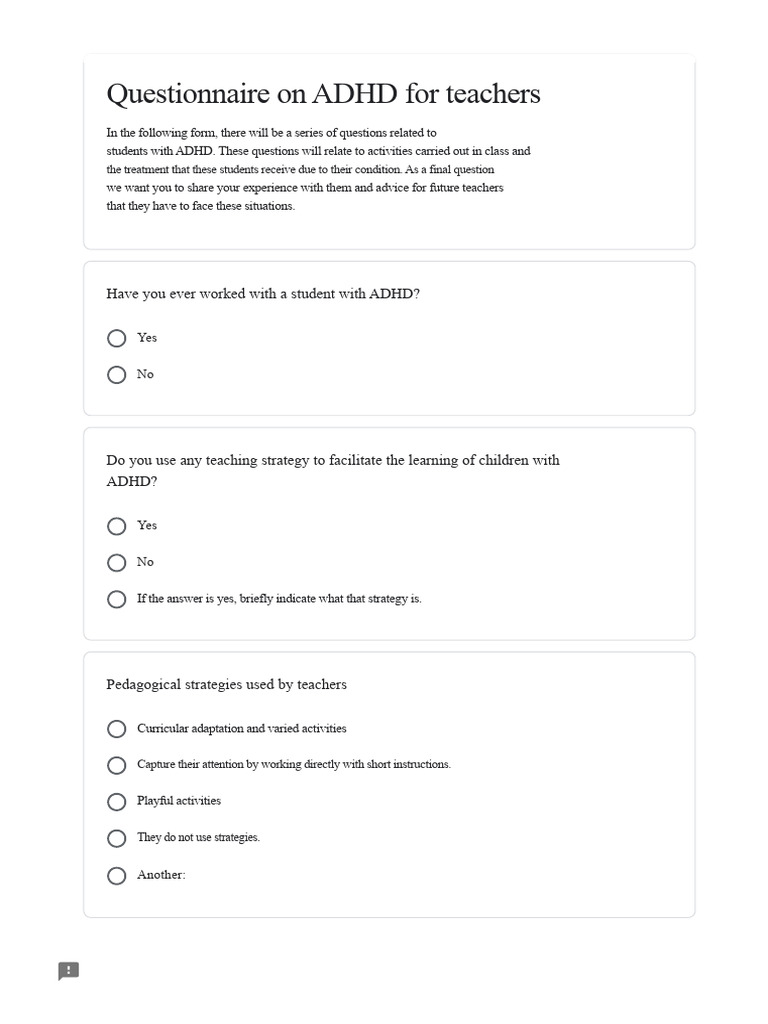 Questionnaire On ADHD For Teachers | PDF | Attention Deficit ...