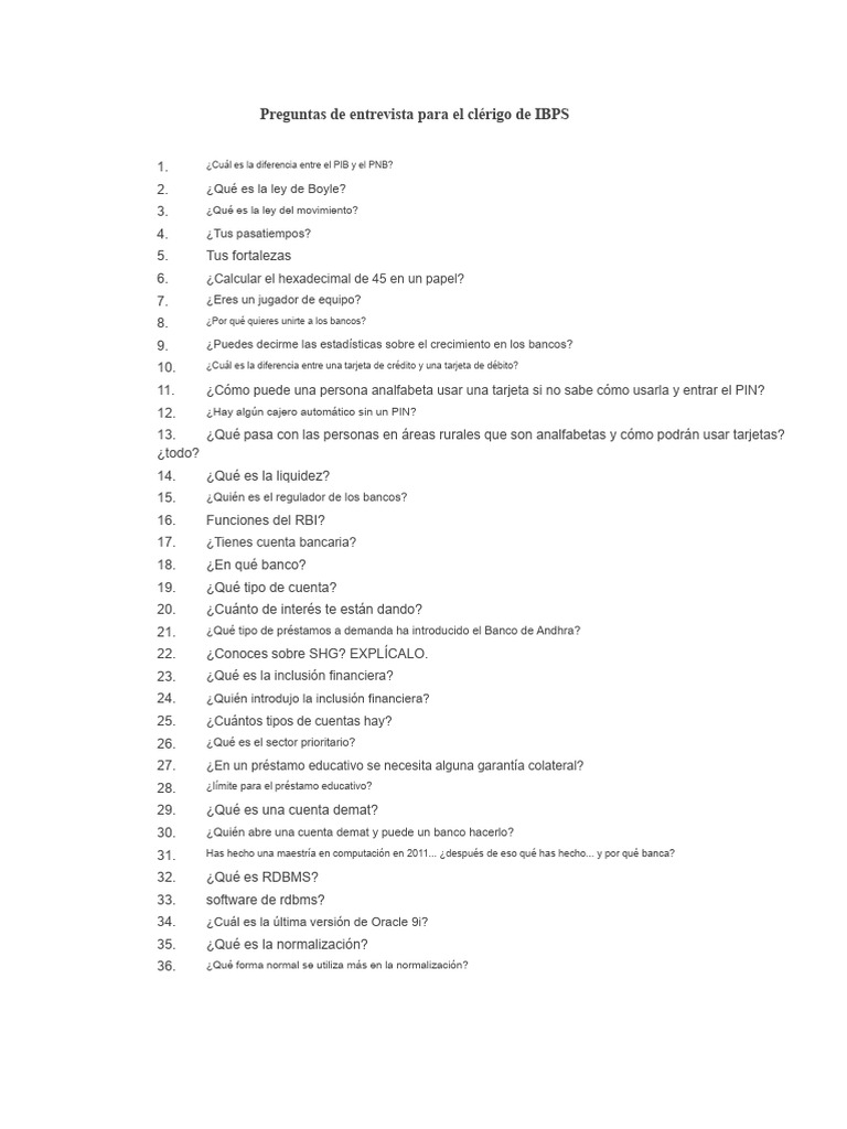 Preguntas de Entrevista para El Empleado de IBPS | PDF | Bancos ...