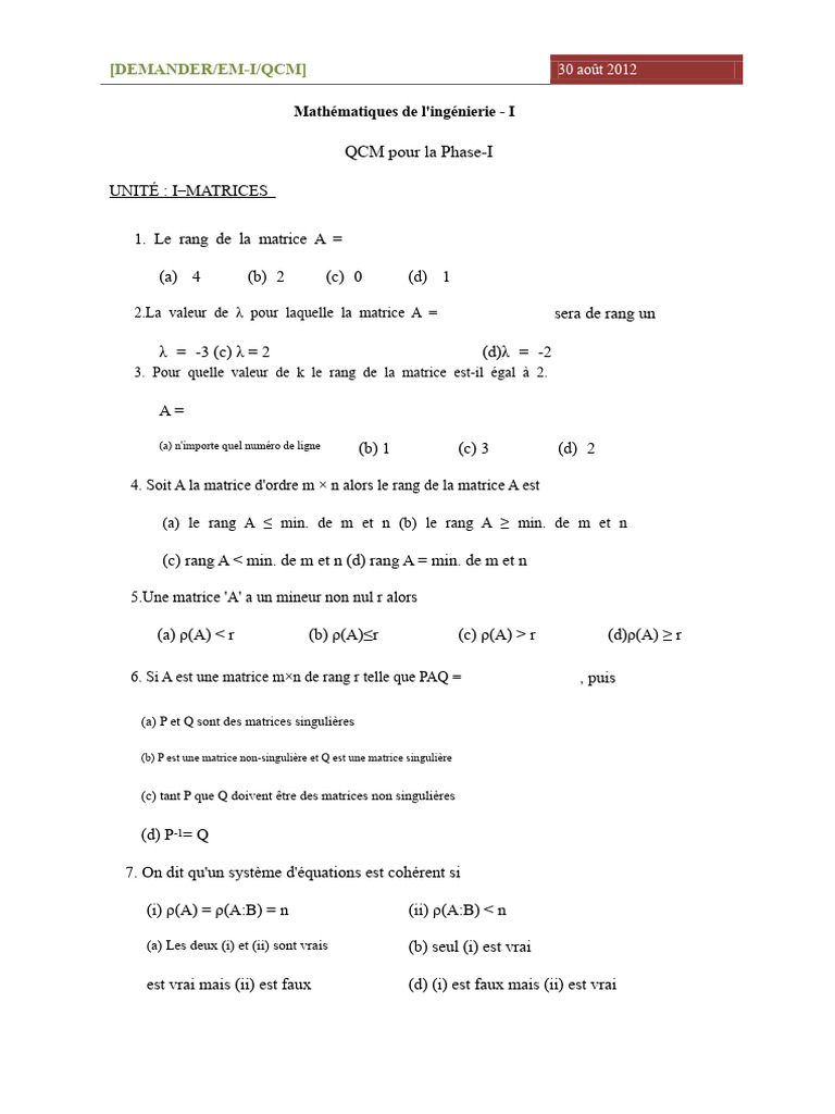QCM sur les Matrices et leur Rang | PDF | Matrice (Mathématiques ...