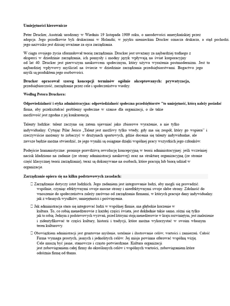 Zasady Zarządzania Petera Druckera | PDF