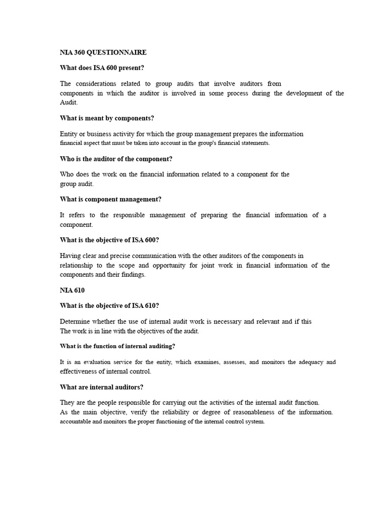 Nia 600, 610, and 620 Questionnaire | PDF | Audit | Internal Audit