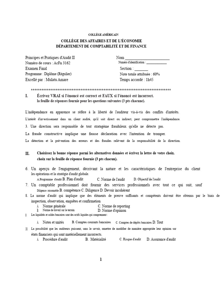 Examen Final Audit II Examen Usc | PDF | Audit | Banques