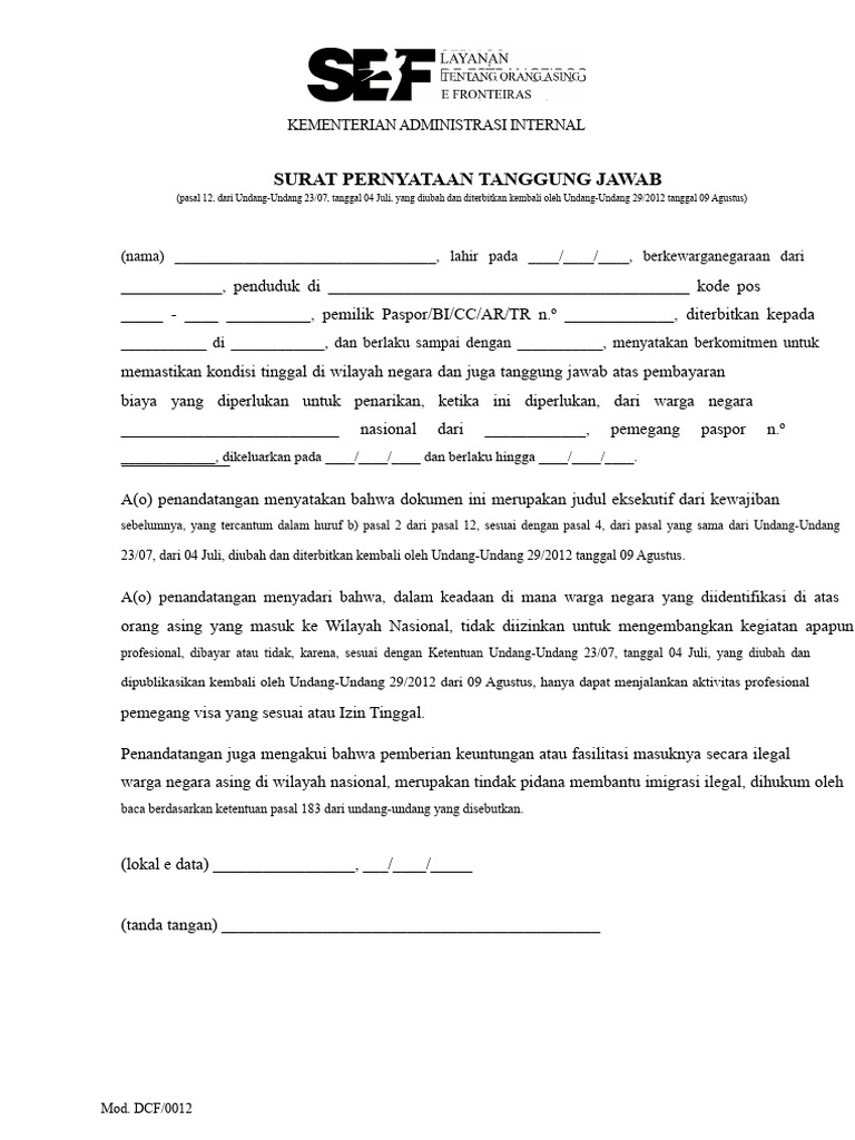 Surat Pernyataan Tanggung Jawab SEF | PDF