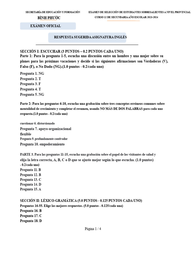 Dap An de Thi Chinh Thuc HSG Tinh Binh Phuoc 2023 2024 | PDF