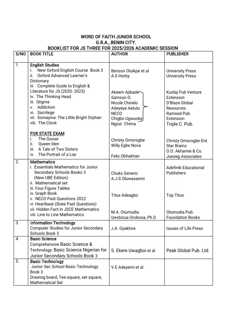 2025 List of Books For JSS3 | PDF | Science