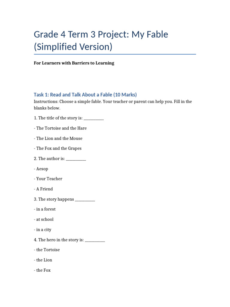 Grade 4 Fable Project Instructions | PDF
