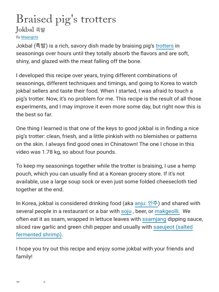 Maangchi's Authentic Jokbal Recipe | PDF | Korean Cuisine | Foods