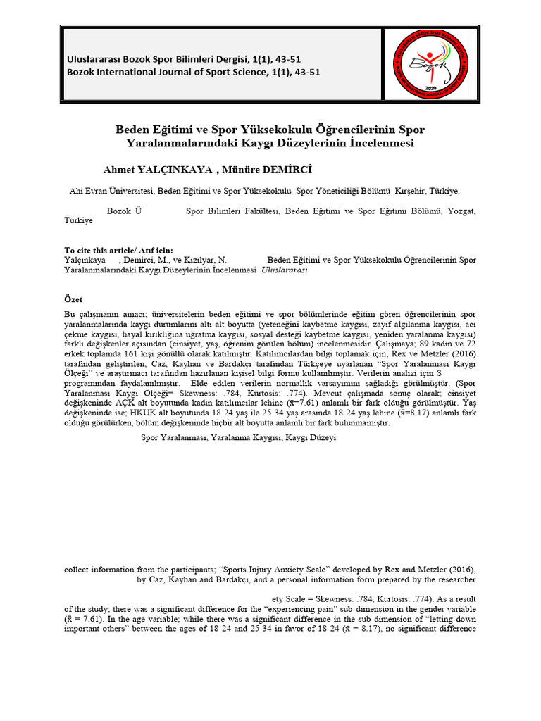 Beden E - Itimi Ve Spor Y - Ksekokulu - Rencilerinin Spor Yaralanmalar - Ndaki Kayg - D ...