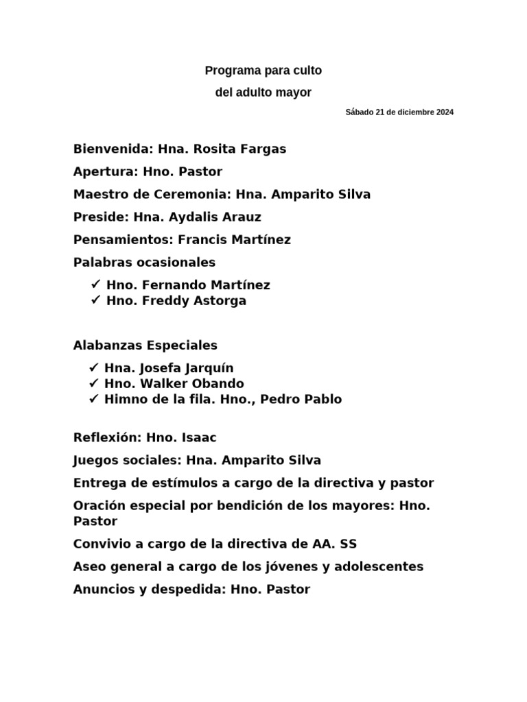 Programa para Culto Del Adulto Mayor | PDF