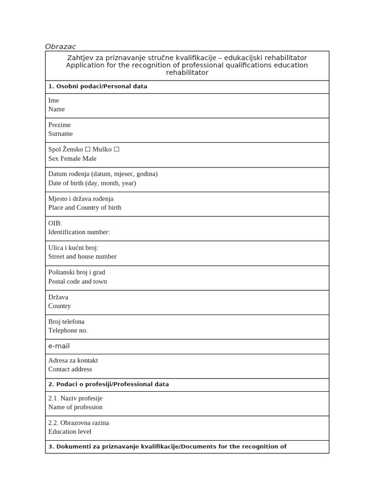 Obrazac Zahtjev Za Priznavanje Stru Ne Kvalifikacije Edukacijski ...