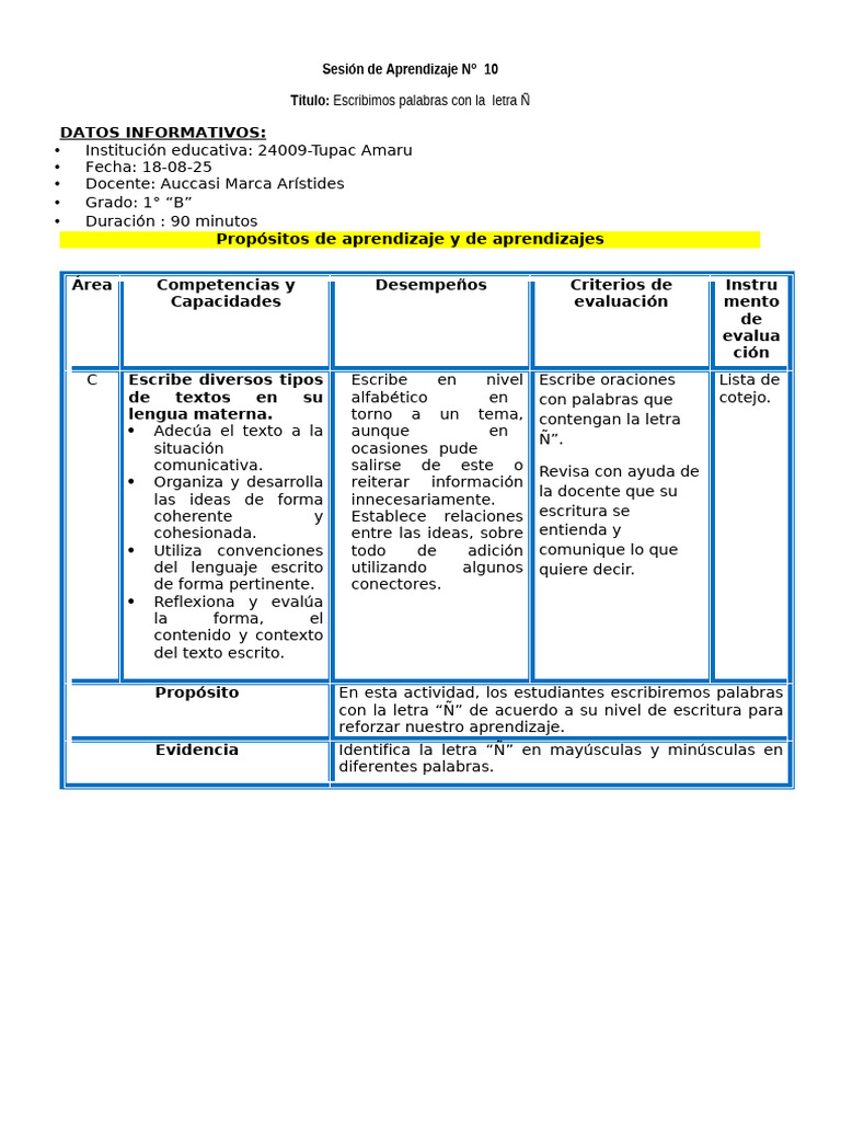 Sesion Comunic escribimos con la letra ñ | PDF | Aprendizaje | Cognición