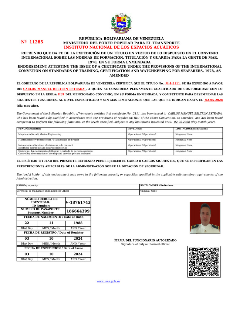 Endorsement COC Third Engineer Beltrán | PDF