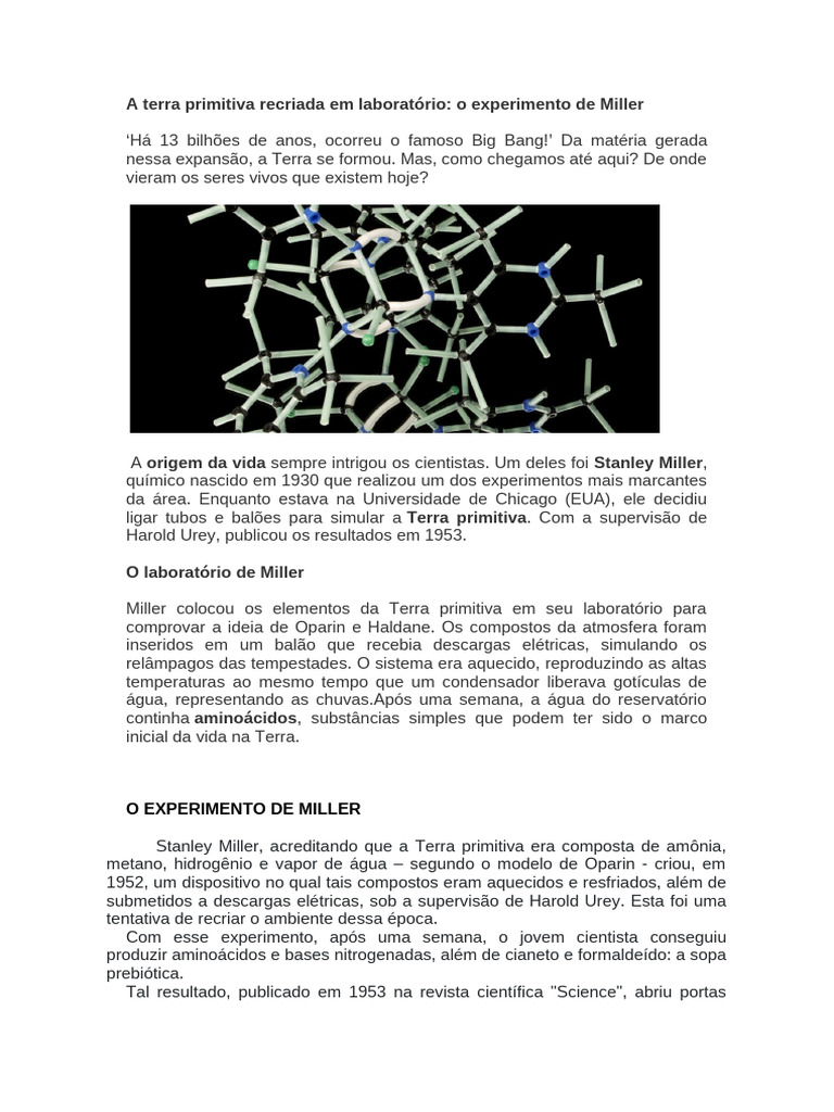Experimentos de Miller e Fox na Terra Primitiva | PDF | Abiogênese ...