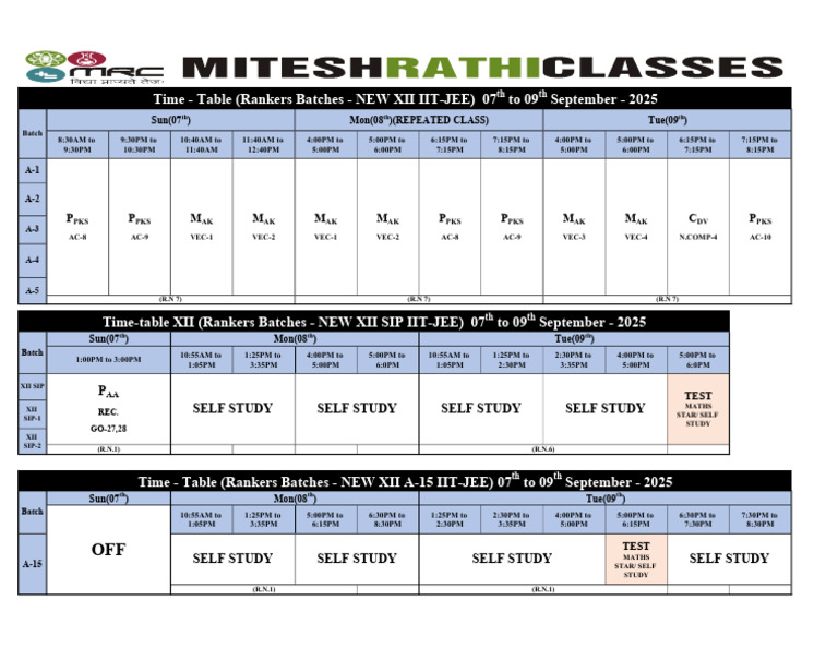 Time - Table (Rankers Batches - NEW XII IIT-JEE) 07 To 09 September ...