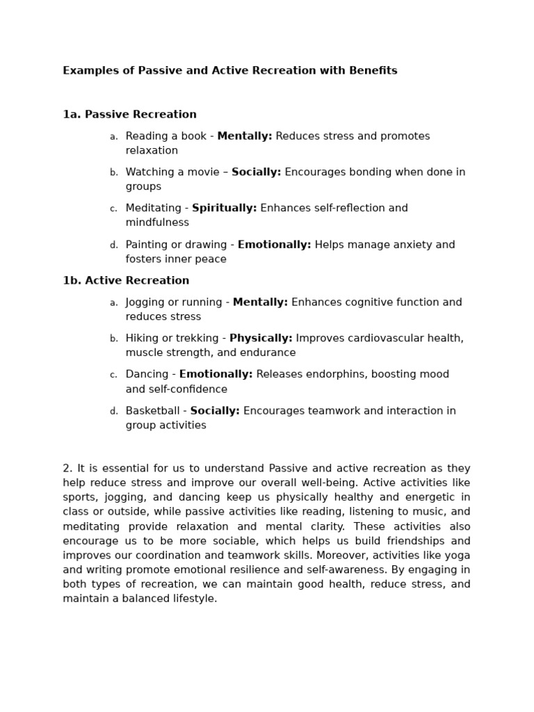 Passive and Active Recreation Examples | PDF