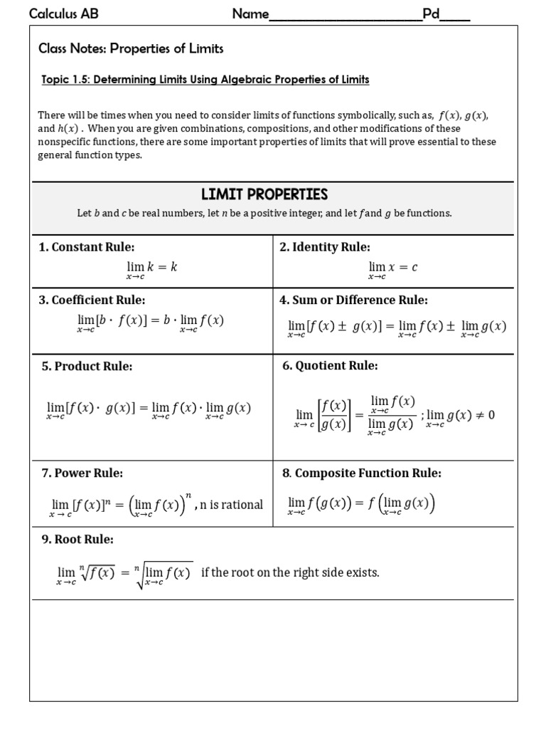 Essential Limit Properties in Calculus | PDF | Function (Mathematics ...