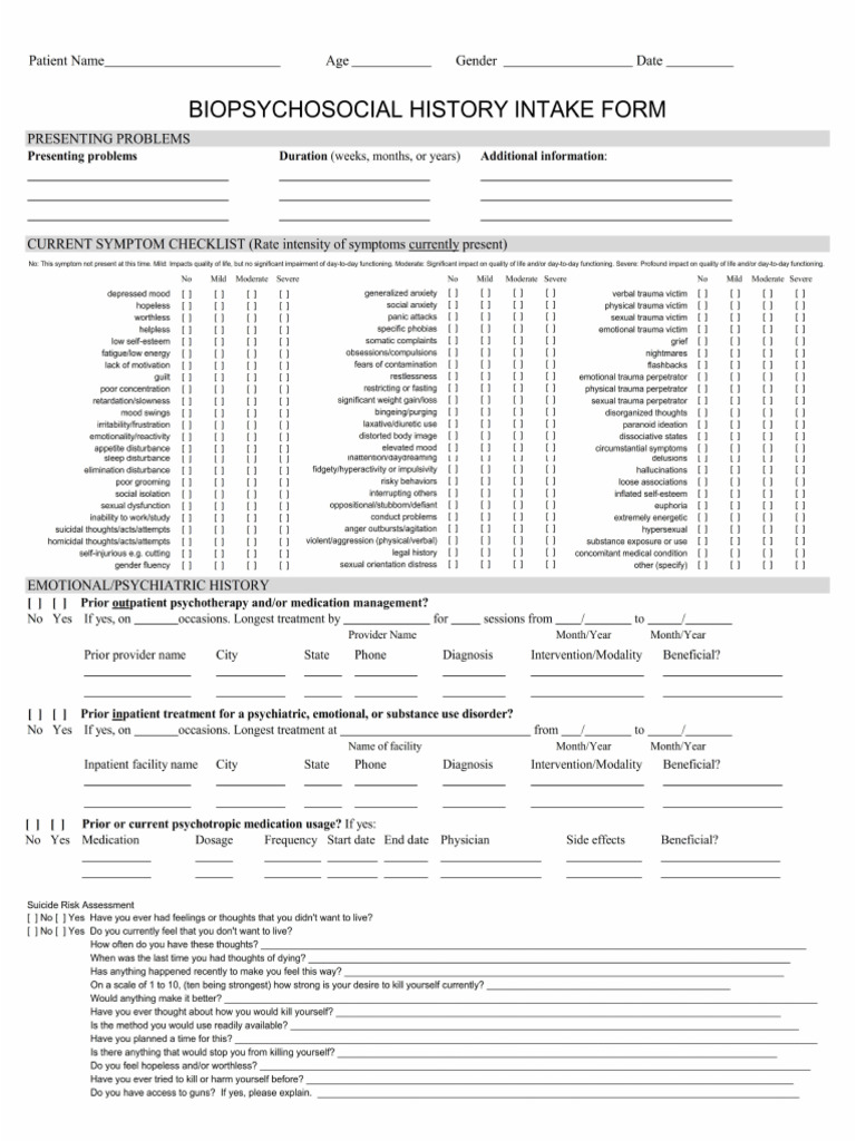 Biopsychosocial History Intake Customized With Scales Print | PDF