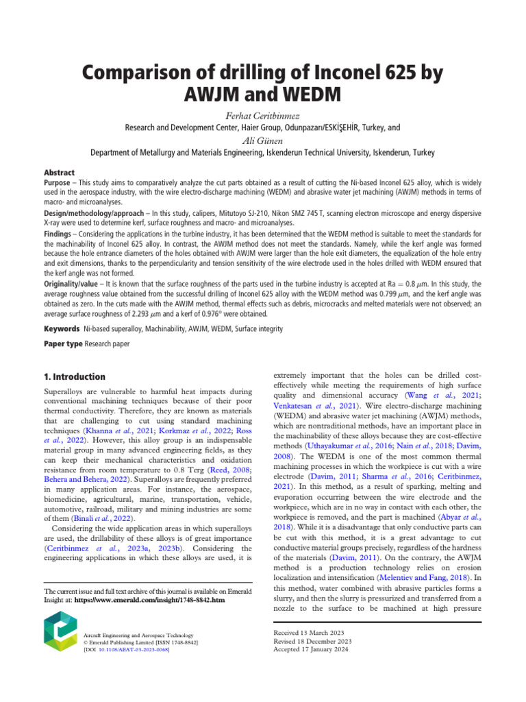 Comparison of Drilling of Inconel 625 by AWJM and WEDM | PDF ...