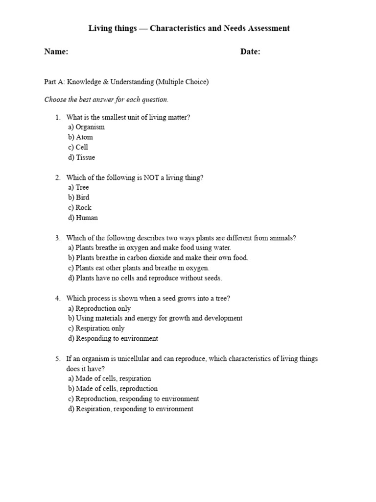 Living Things: Characteristics Assessment | PDF | Plants | Life