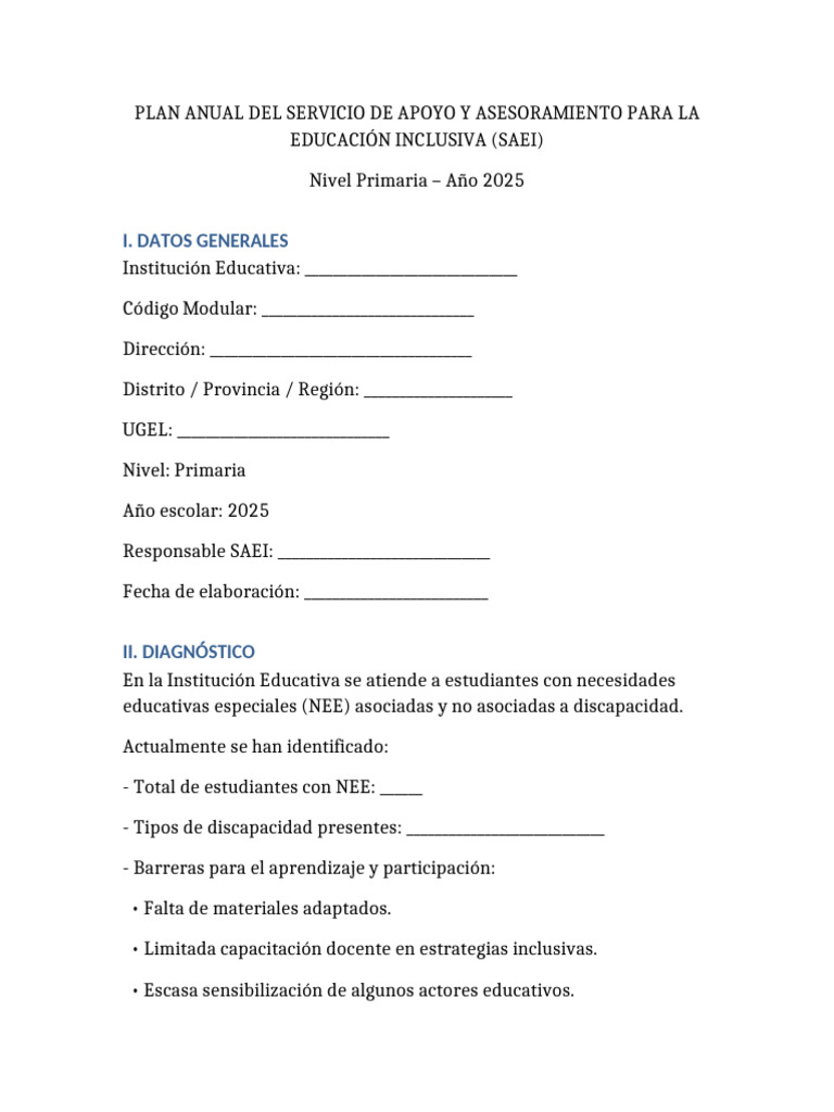 Plan Anual SAEI Educación Inclusiva 2025 | PDF | Enseñando | Maestros