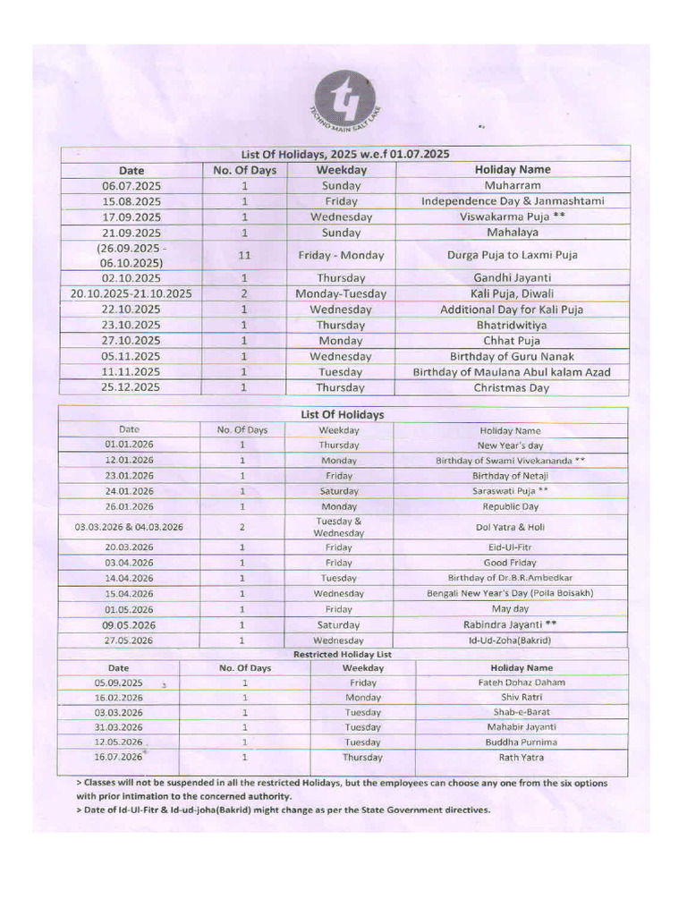 TMSL Holiday List 2025-2026 | PDF