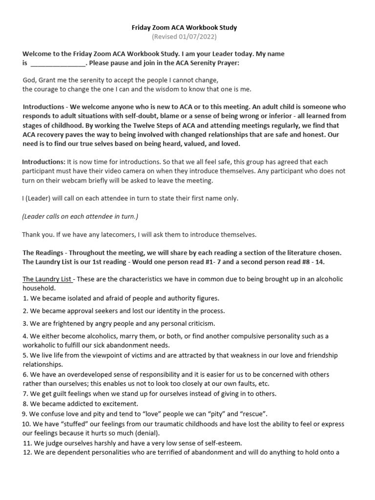 Friday Zoom ACA Workbook Study1.7.22 | PDF | Psychology | Behavioural ...