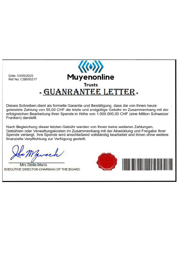 Guantee Letter Letter (Rene Frei) | PDF