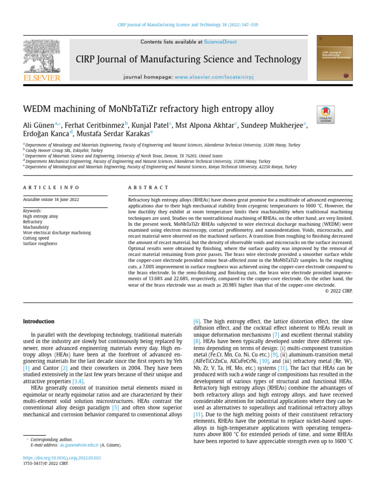 WEDM Machining of MoNbTaTiZr Refractory High Entropy Alloy | PDF ...