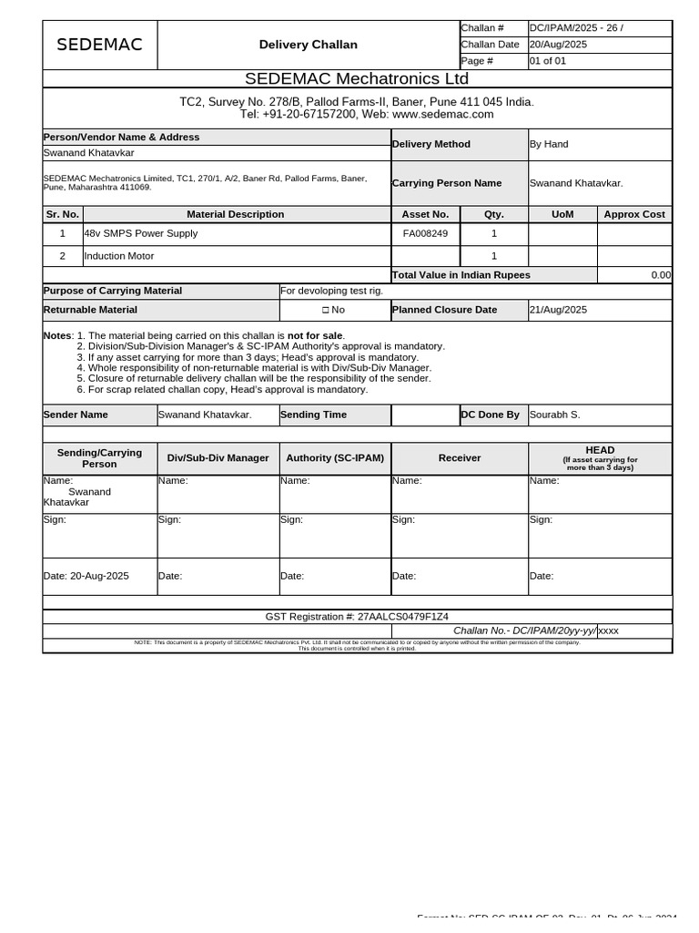 Sed SC Ipam QF 03 Delivery Challan Format Tc2 | PDF