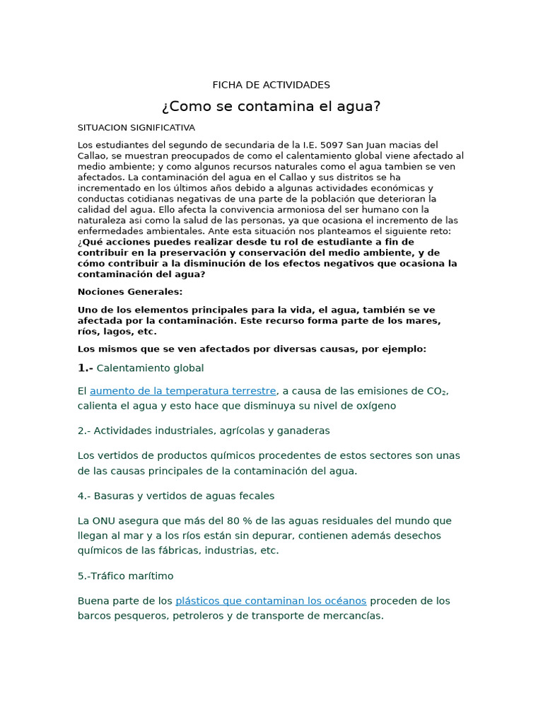 FICHA de ACTIVIDADES Contaminacion Del Agua Original | PDF | Agua ...