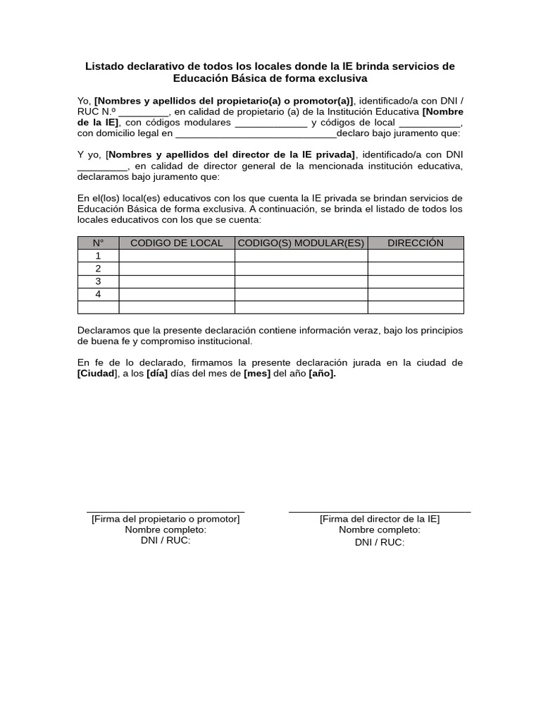 Formato de Listado Declarativo de Locales de La Ie | PDF