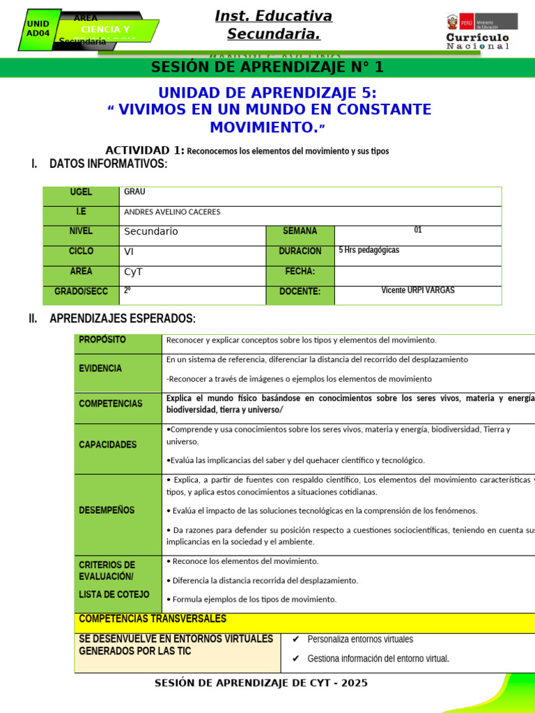 SESIÓN 1 (U5) (2° Grado) - CyT | PDF | Aprendizaje | Velocidad